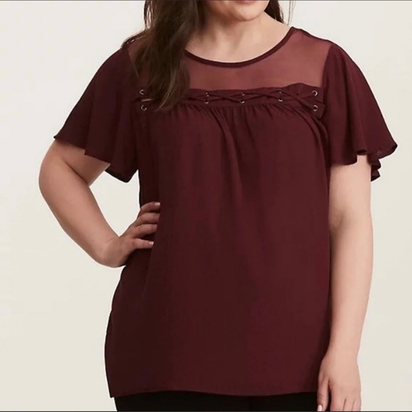 torrid | Tops | Torrid Merlot Lace Up Trim Mesh Inset Blouse | Poshmark